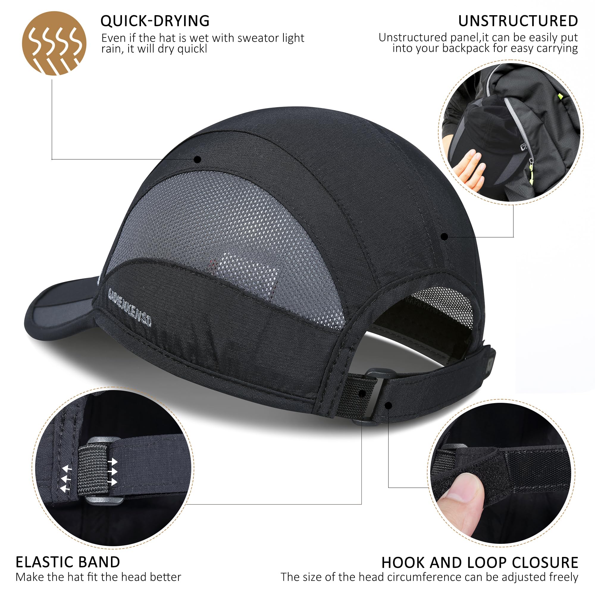 GADIEMKENSD Outdoor Running Hat Men's Cooling UPF50+ Womens Baseball Cap Sport Mesh Sun Hat Trucker Dad Hats Quick Dry Breathable Unstructured for Summer Camping Fishing Hiking Improved Black M