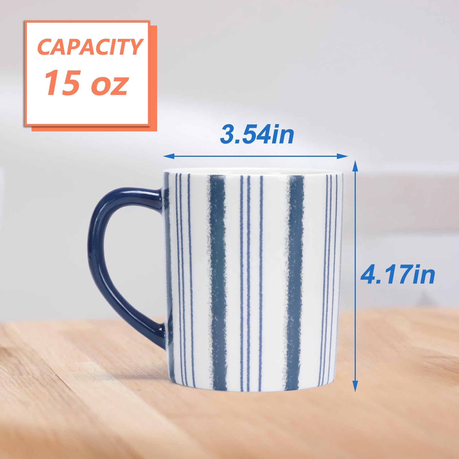 Hoikwo 4 Pack 15oz Ceramic Coffee Mugs, Blue Coffee Cups Sets for Coffee, Beverages, Tea, Microwave-safe and Dishwasher-safe