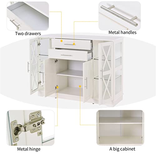 SEASD Functional Sideboard with Tempered Glass Large Storage Space Adjustable Shelf Buffet (White/Black)