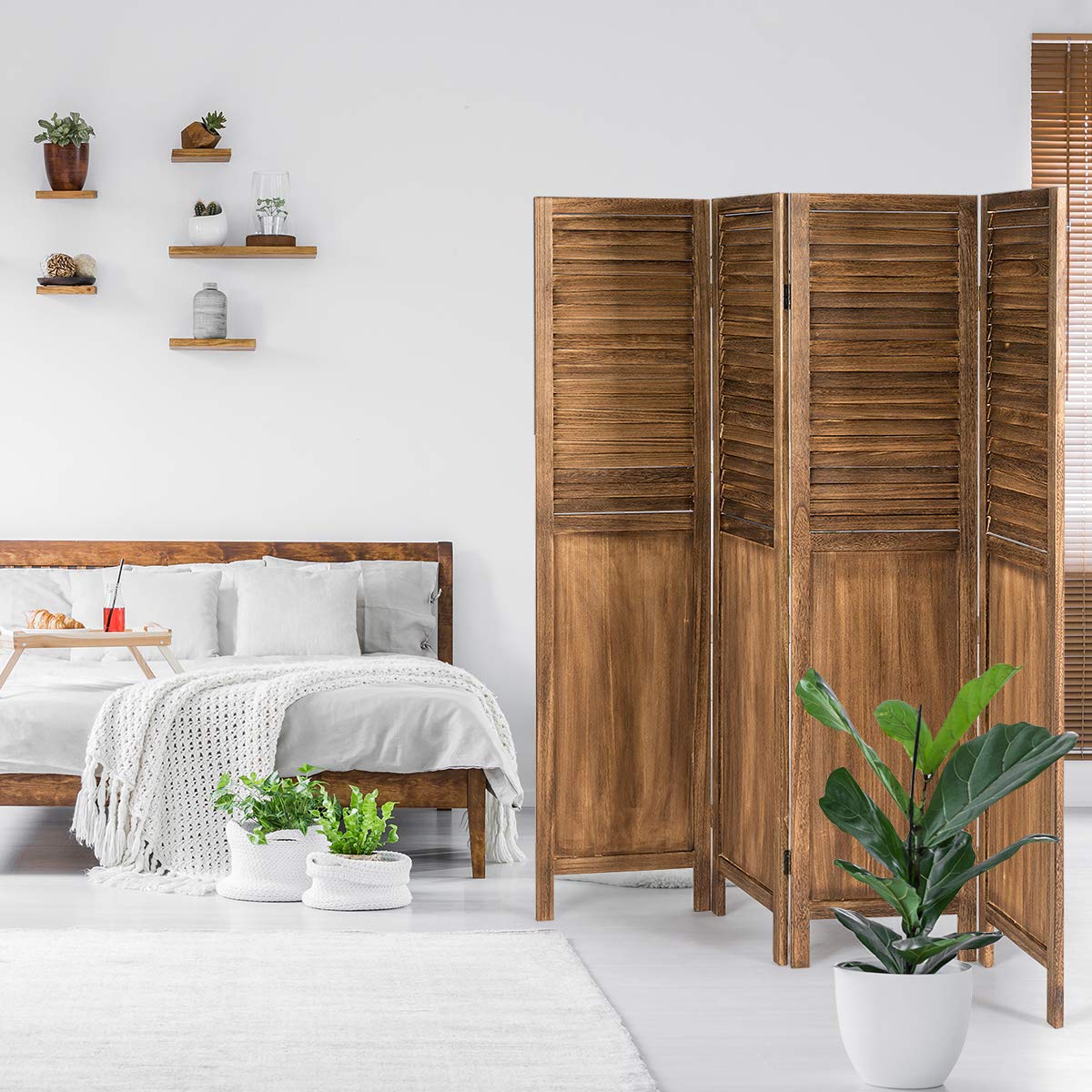 Giantex 4 Panel 5.6 ft Wooden Room Divider, Portable Partition Screen, Perfect Zoom Background, Wood Panel Dressing Screen, Indoor Outdoor Folding Privacy Screens for Home Office Barn Garden, White