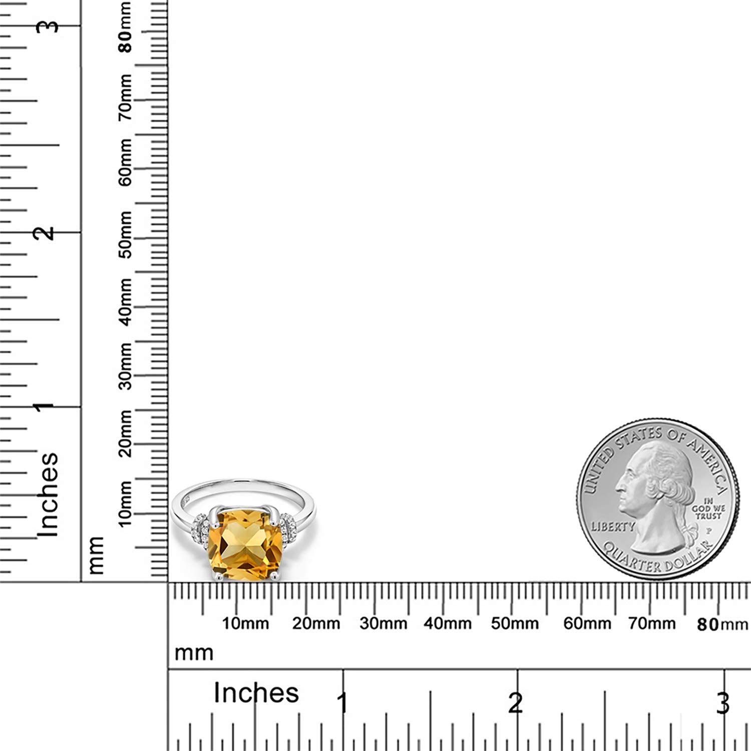 Gem Stone King 925 Sterling Silver Yellow Citrine Engagement Ring For Women (3.51 Cttw, Cushion Cut 10MM, Gemstone Birthstone, Available in size 5, 6, 7, 8, 9)
