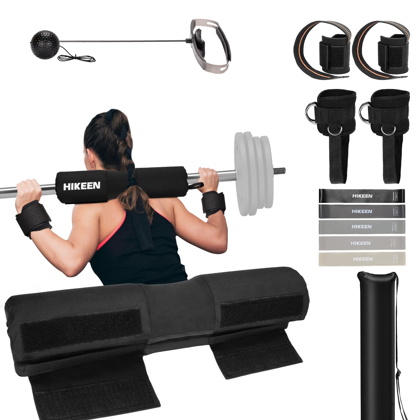 Hikeen Barbell Pad Set with Weight Lifting Straps, 13PCS Upgraded Barbell Squat Pad for Hip Thrusts,Leg day, Standard Olympic Bars with 2 Lifting Straps, 2 Ankle Straps, 5 Resistance Bands, Reflex Ball,Barbell Foam Pad, Carry Bag