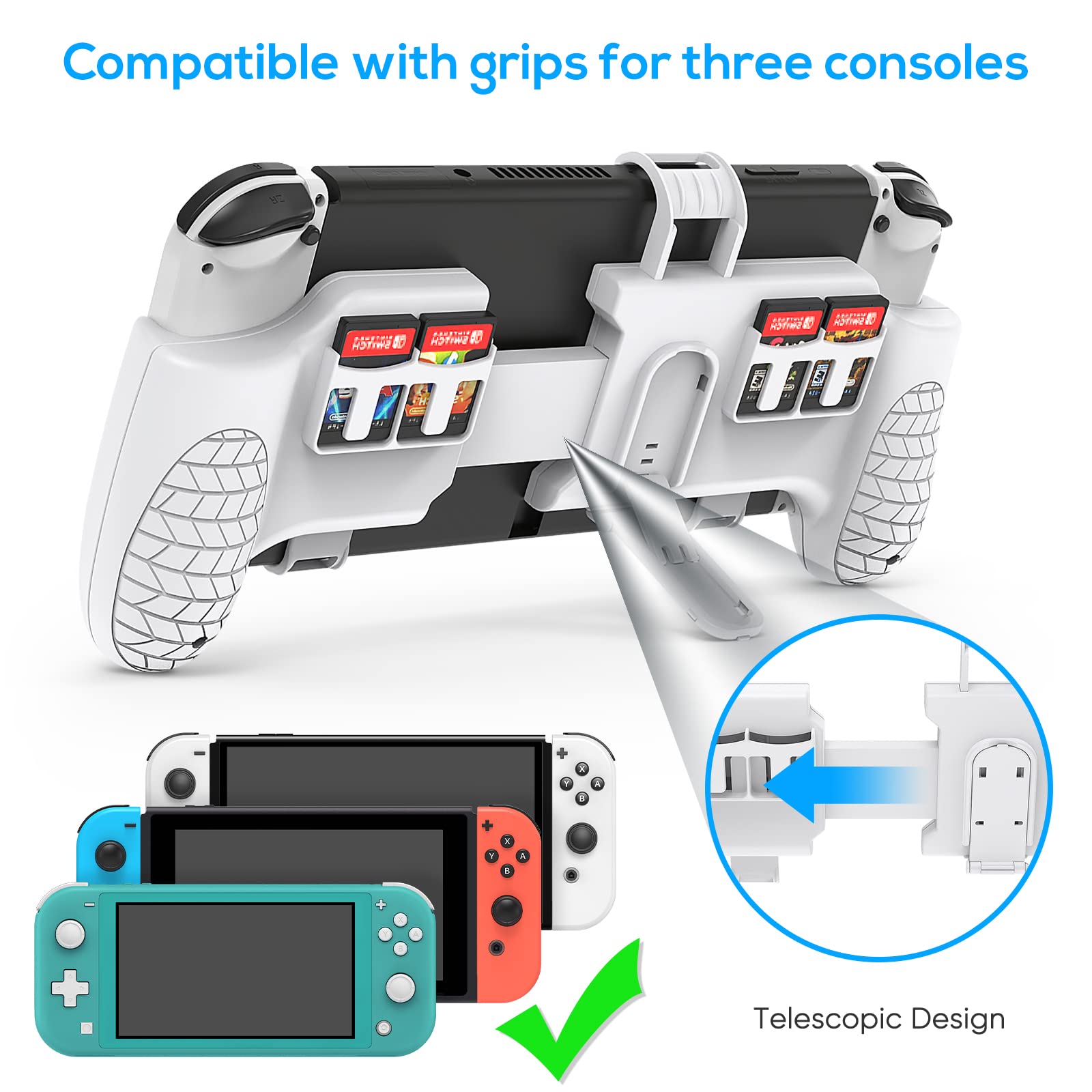 Grip Case for Nintendo Switch OLED/Switch/Switch Lite, MENEEA Hand Grip Stand with Adjustable Stand& 8 Thumb Grips Caps+ 4 Game Card Slots, Anti-Scratch& Ergonomic Accessories for Gamers(White)