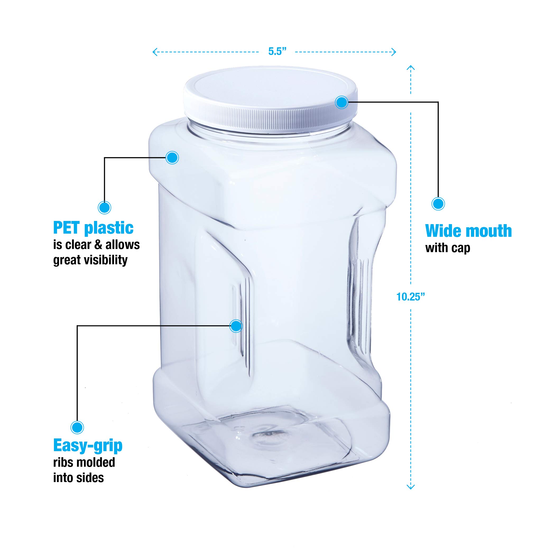 Hudson Exchange 1 Gallon Plastic Grip Jar with Cap (6 Pack), Food Grade BPA Free PET, Clear