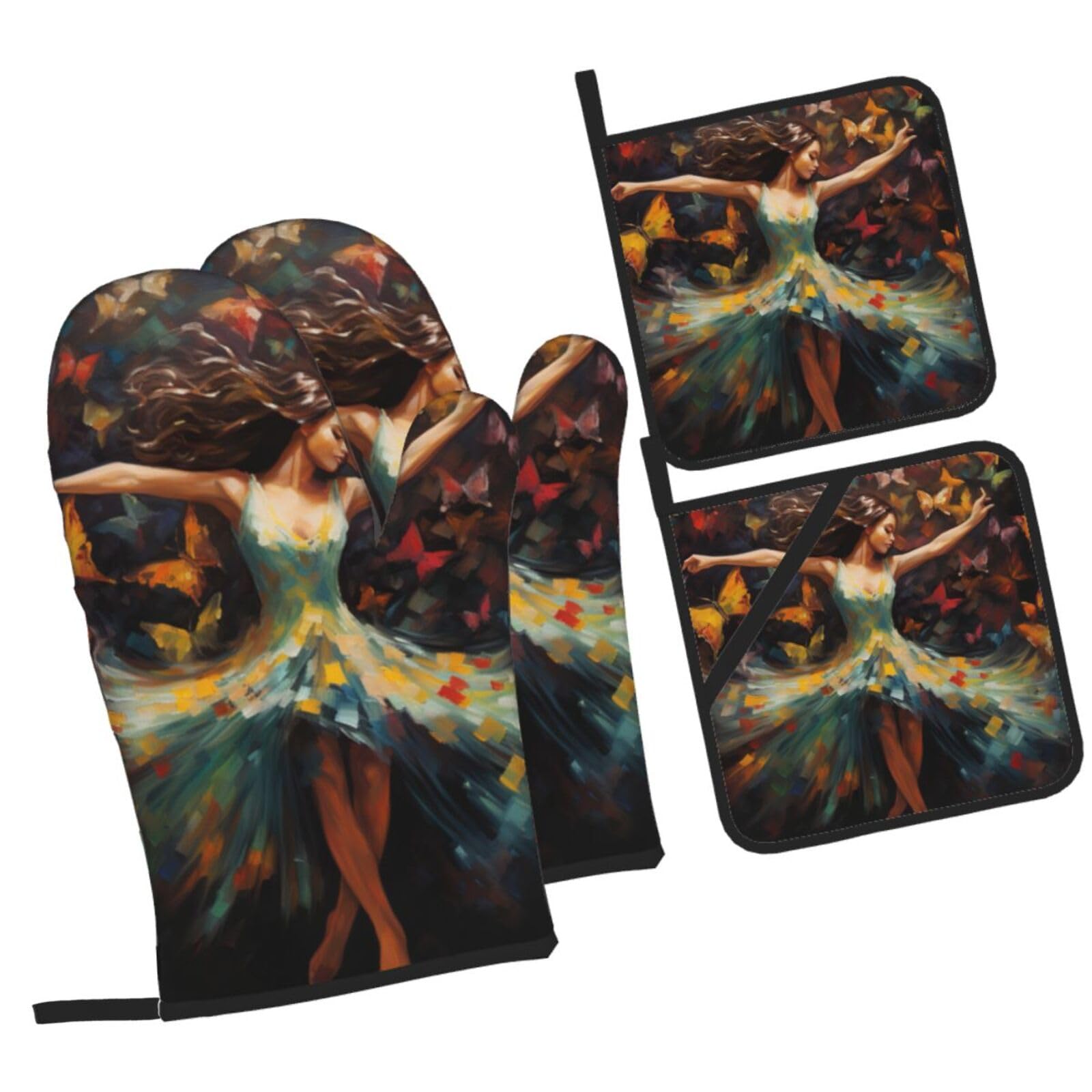 Girl Dance Butterfly Kitchen Baking 4-Piece Set–Heat Resistant Oven Mitts and Pot Holders Kitchen Hot Pads