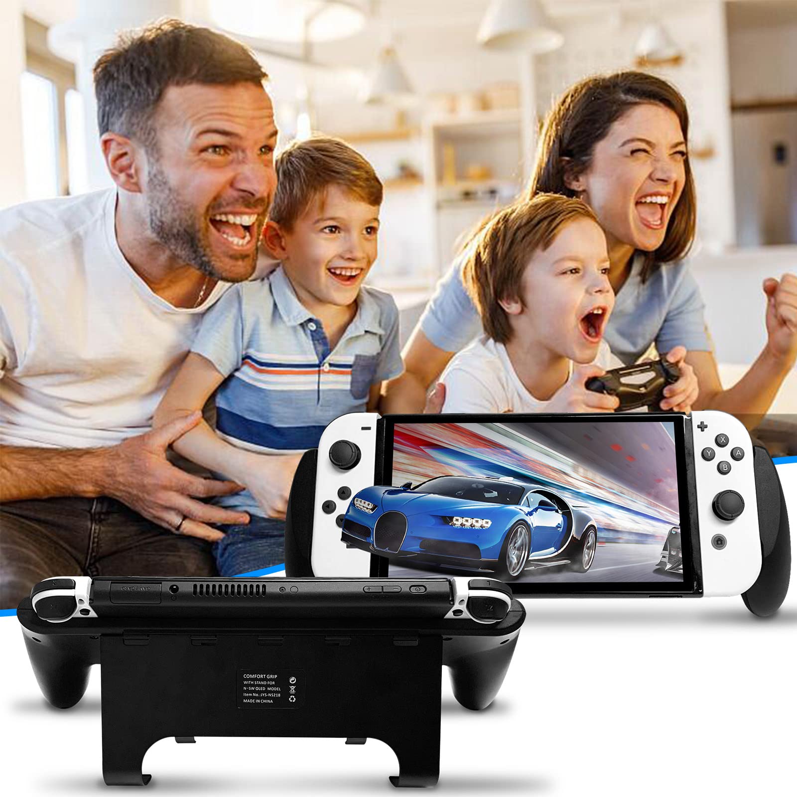 Grip Case for Switch OLED 2021, Adjustable Switch OLED Hand Grips Stand for Switch OLED with 3 Game Cards Slot for Switch Gamer, Protective Shockproof Stretchable Grip Stand Accessories [White]