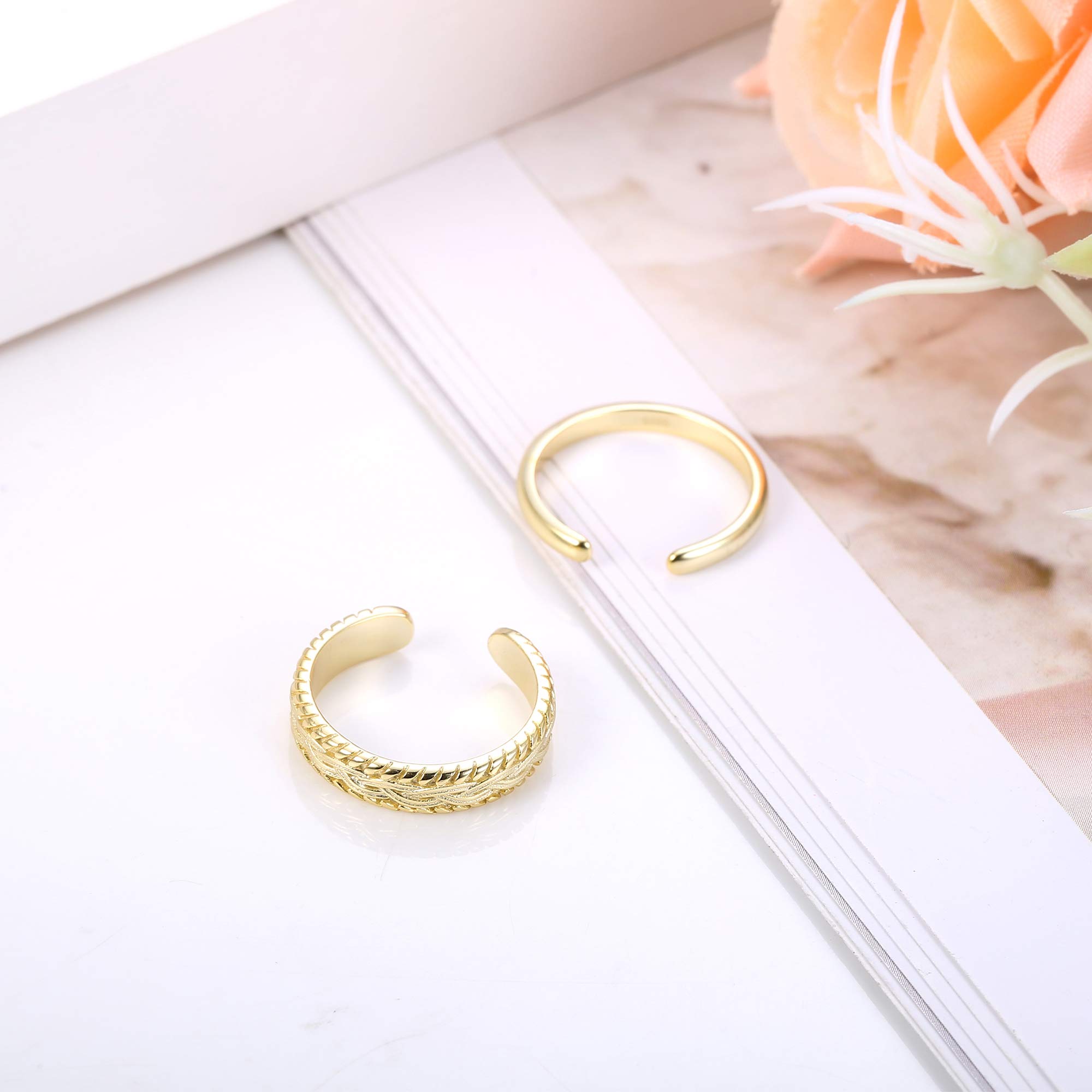 FUNRUN JEWELRY 2 PCS Sterling Silver Toe Ring for Women Girls Retro Vintage Design Adjustable Ring Set (B:18K Gold Plated)