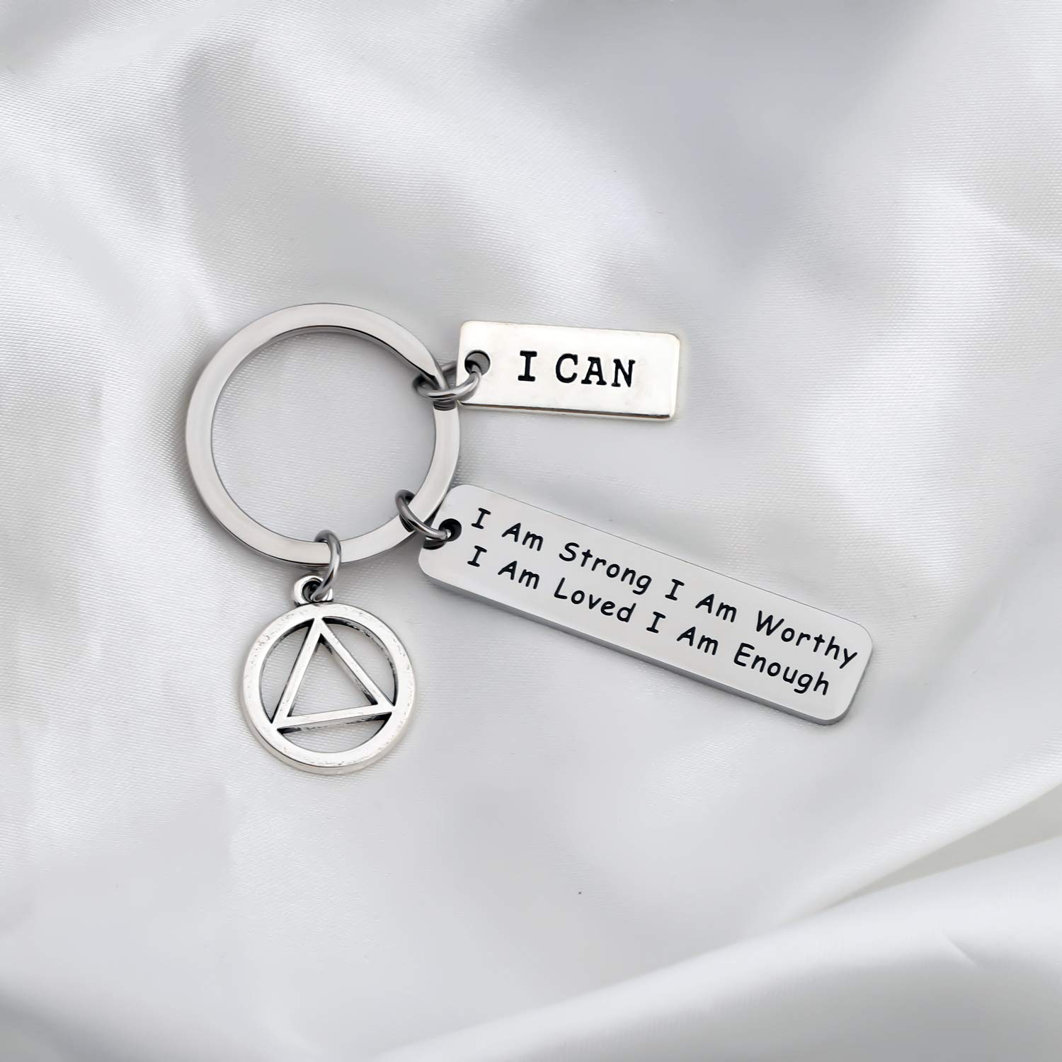 FUSTMW AA Symbol Keychain Sobriety Gifts Alcoholics Anonymous Gifts Addiction Recovery Jewelry I Am Strong I Am Loved I Am Enough New Beginnings Gift (silver)