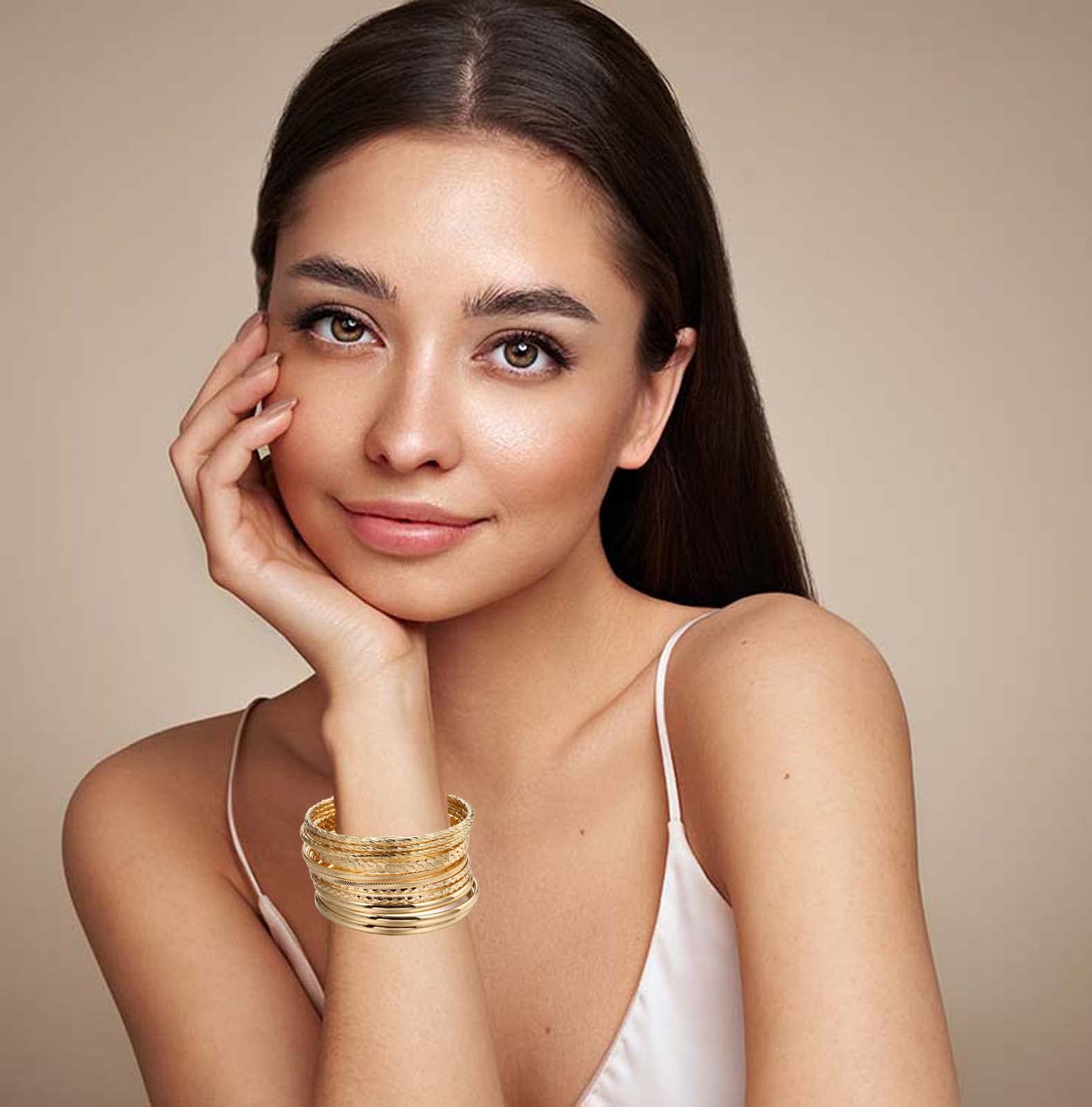 FUNOJOY Gold Bangle Bracelets For Women,14K Gold Plated Boho Indian Stackable Bracelets Gold Bangles For Women Girls Jewelry Gifts