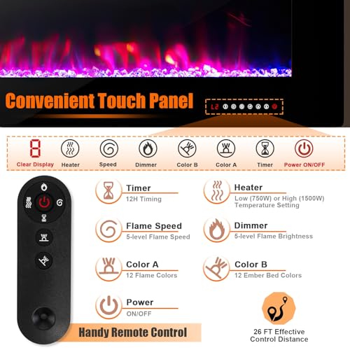 GOFLAME 50 Inch Electric Fireplace, Recessed & Wall-Mounted Fireplace Heater with Touch Panel, APP Control, Remote Control, 12H Timer, Adjustable Flame Color and Brightness, Overheat Protection