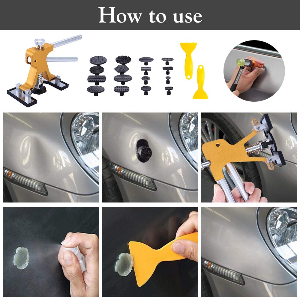 GLISTON Paintless Dent Puller – Golden Dent Puller Kit, 35pcs Dent Remover Tools with Adjustable Width Dent Repair Tools for Car, DIY Auto Body Dent Repair