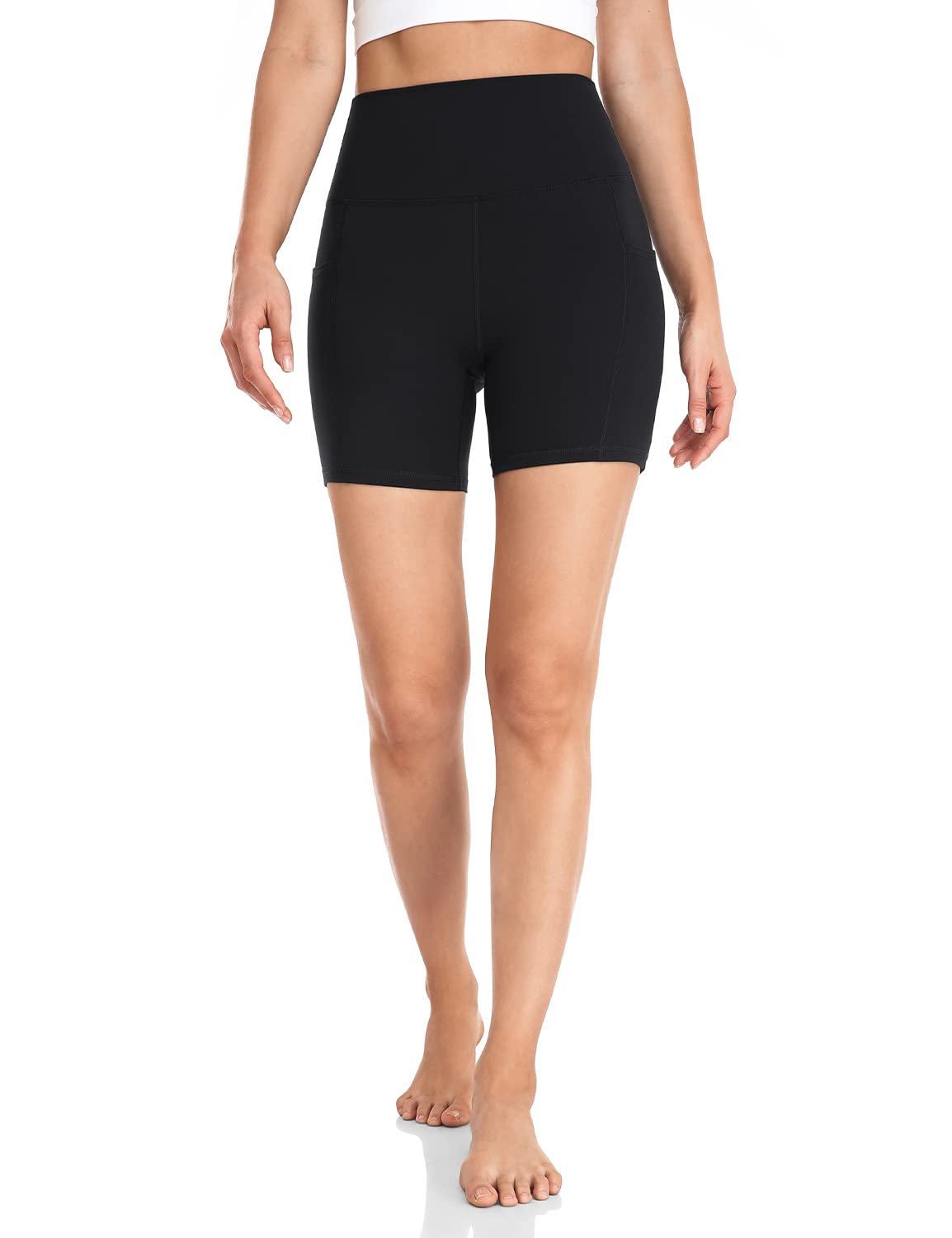 HeyNuts Women's High Waisted Biker Shorts with Side Pockets, Workout Tummy Control Yoga Leggings Running Shorts 6'' Black M(8/10)