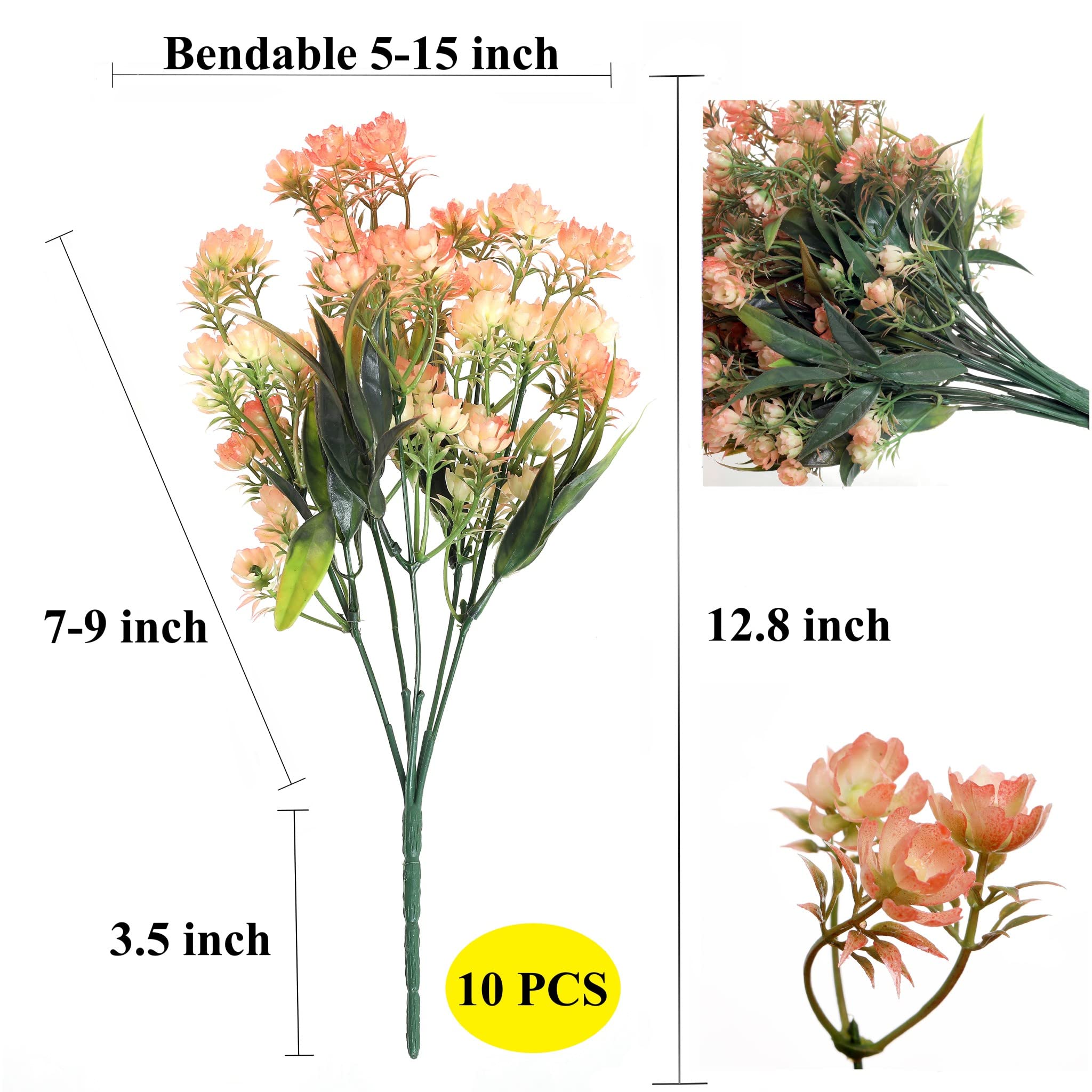 Grand Verde Plastic Flowers Artificial Bouquets Faux Wildflowers 12.8β Short Stems, Cemetery Grave Outdoor Balcony Decoration Bulk, 10pcs (Orange)