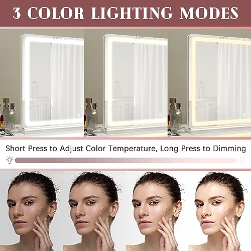 ROLOVE Vanity Mirror with Lights, 32" x 22" Large Lighted Vanity Mirror with Dimmable 3 Modes, LED Makeup Mirror with Detachable 10X Magnification, Touch Screen Control, for Makeup Desk, Dressing Room