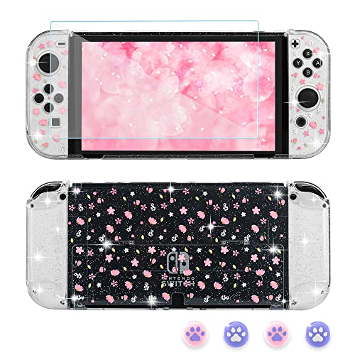 Glitter Case for Nintendo Switch OLED, FANPL Cute Protective Cover Compatible with Switch OLED, Crystal PC Shell Accessories for Girls with 4 Thumb Caps and Screen Protector - Sparkle Pink Sakura