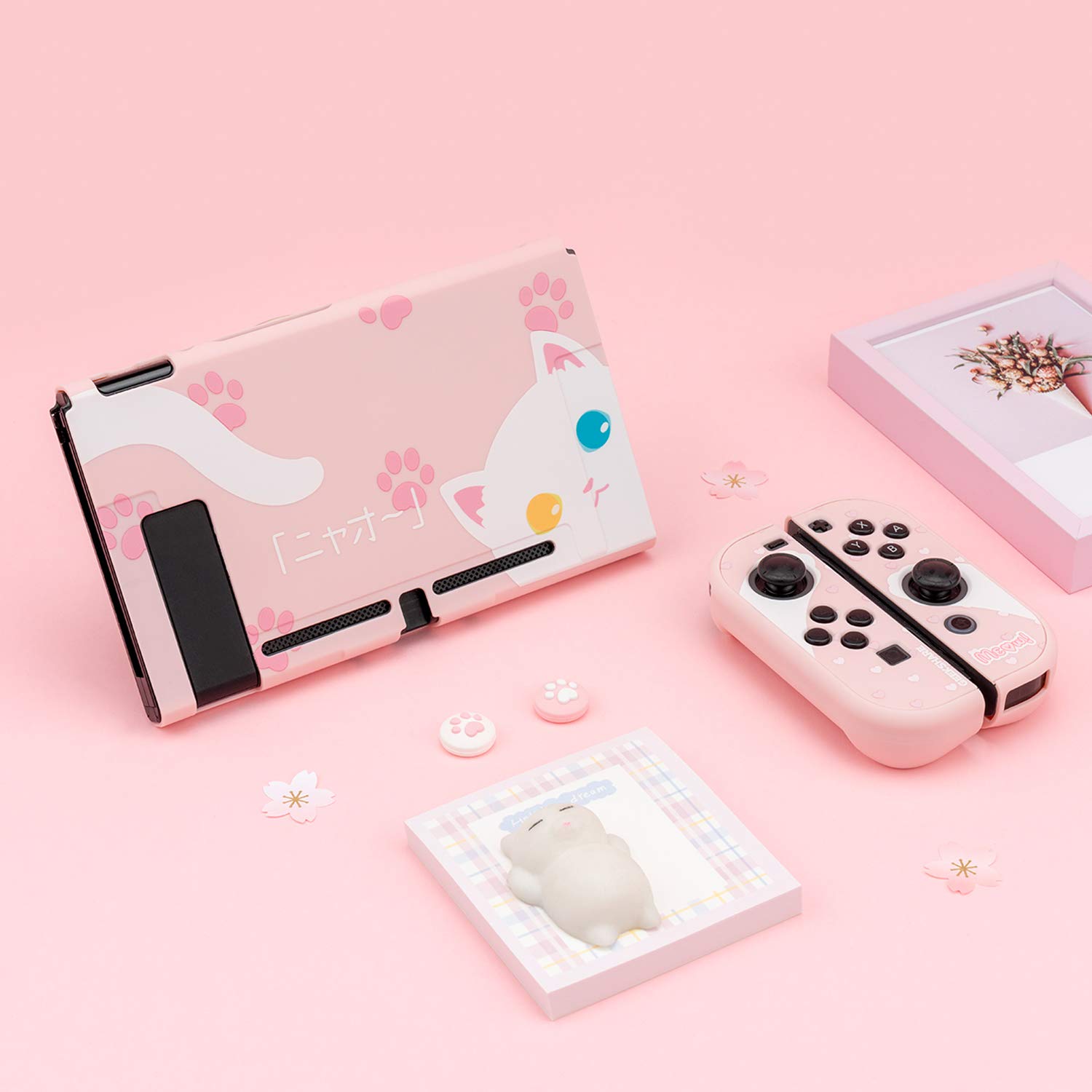 GeekShare Protective Case for Nintendo Switch, DIY Replacement Housing Shell Case Set for Nintendo Switch Console and Joycon - Anti-Scratch and Soft Touch PC Material (Pink Cat)