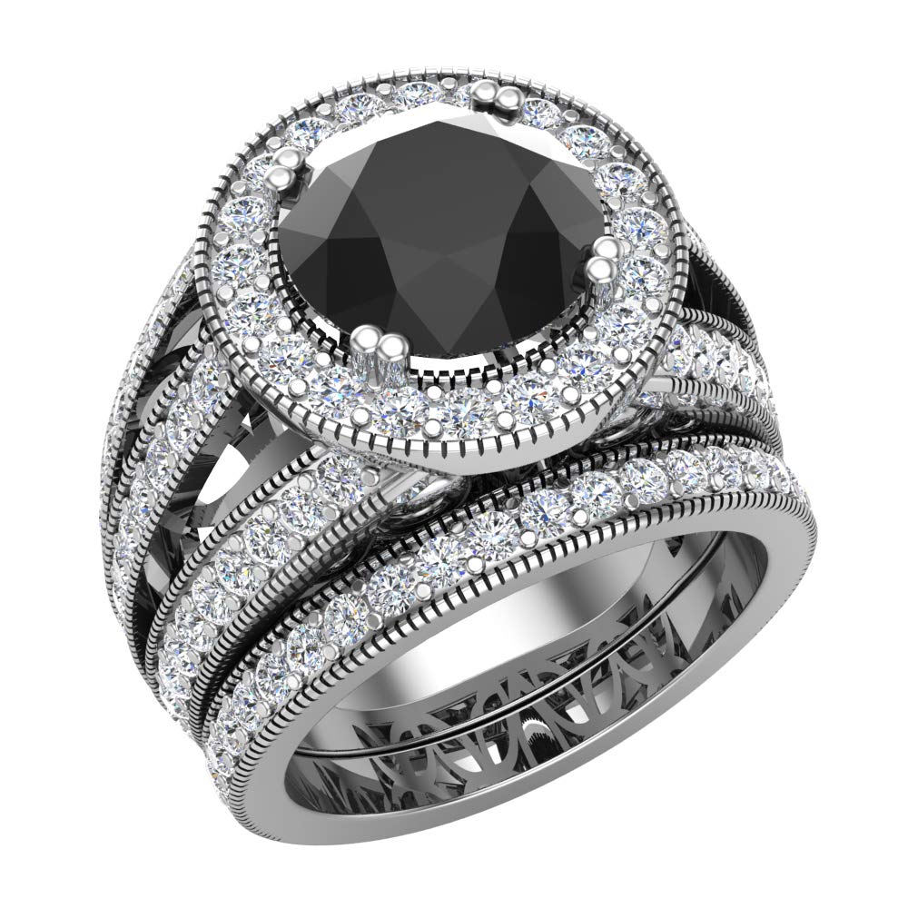 Glitz Design 14K White Gold Large Black Diamond Wedding Ring Sets for Women Round Cut Halo Diamond Rings 4.95 Carat (G,SI) (RS 85)