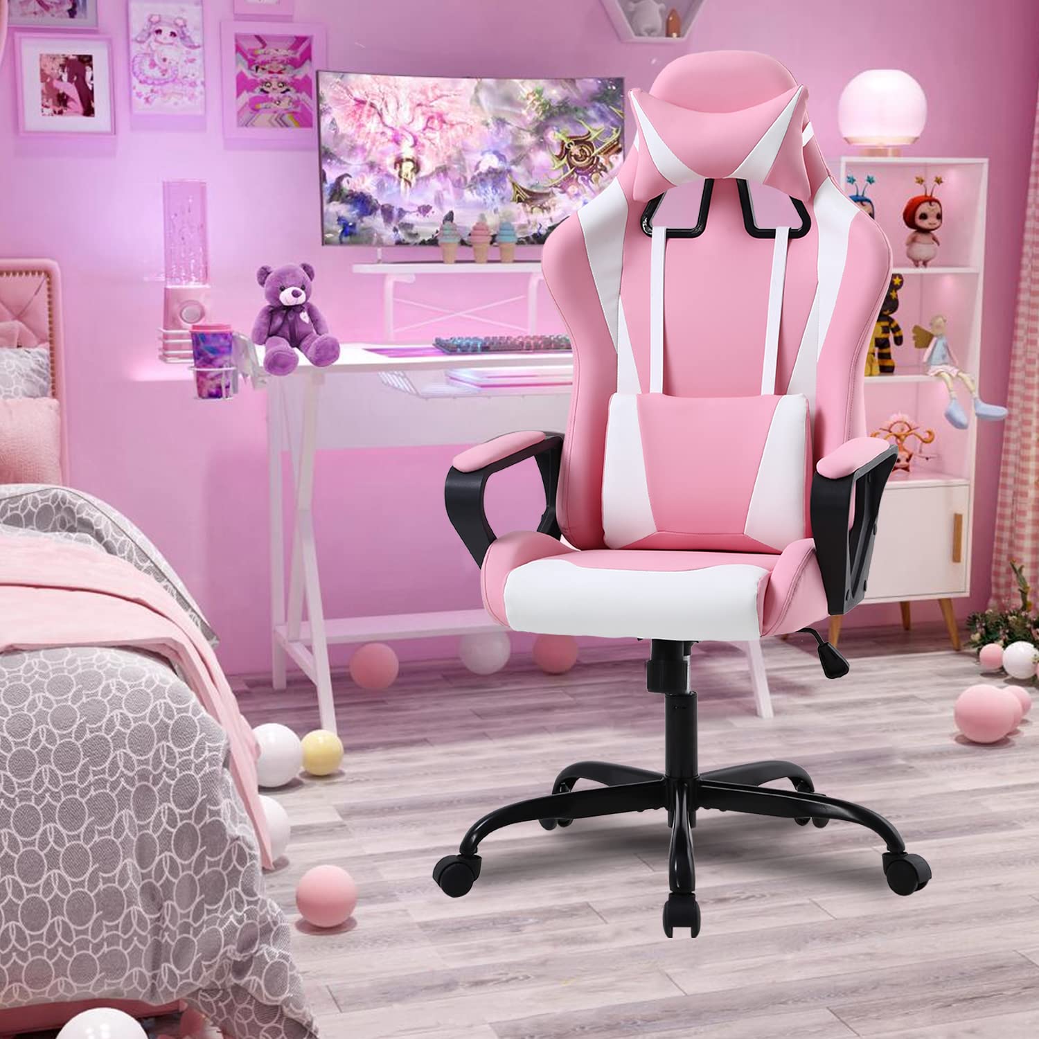 Gaming Chair High Back Ergonomic Leather Office Chair Adjustable Swivel Desk Chair Reclining Racing PC Computer Chair with Lumbar Support and Headrest for Back Pain Adults Teens(Pink)