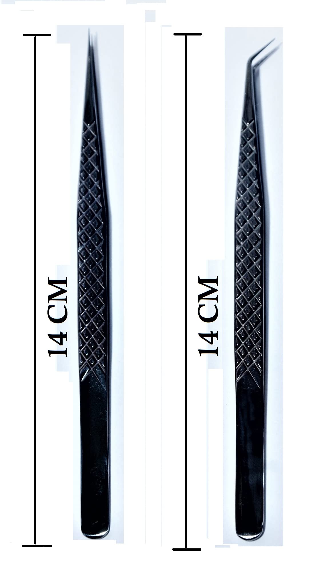 Lash Tweezers for Eyelash Extensions | Stainless Steel - Diamond Grip Straight & 45 Degree Volume | Tip with Free Mirror for Women, Makeup, Lashing, Fans Professional Tool Kit 14 cm Black