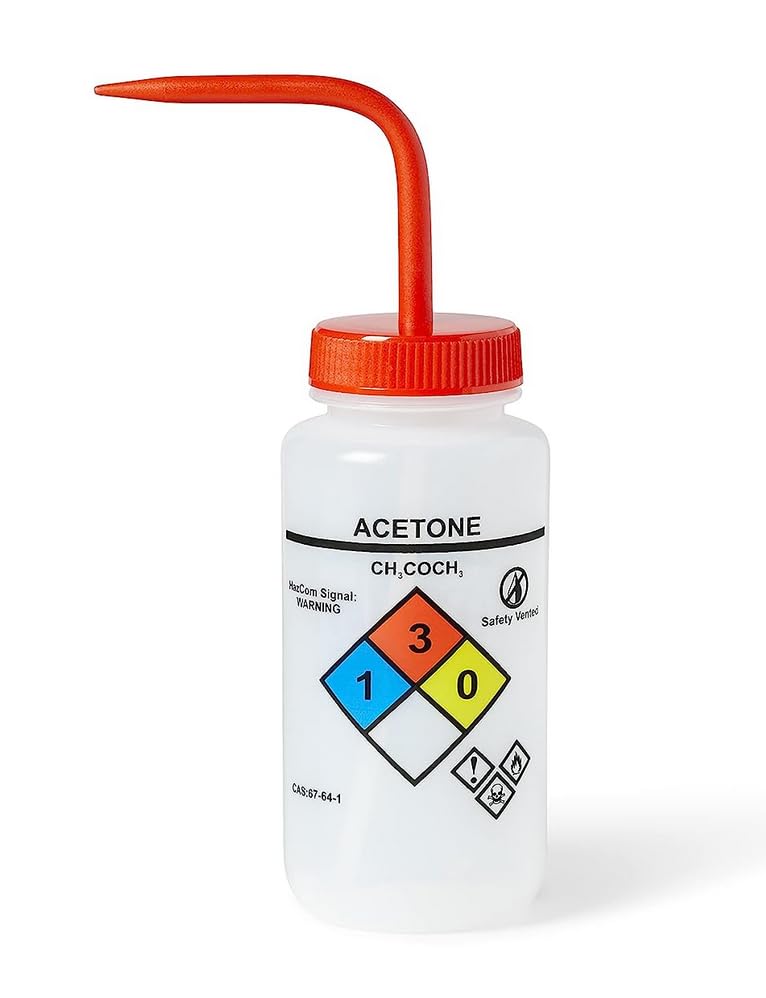 United Scientific⢠UniSafe⢠Wash Bottle for Acetone, 500mL - Labeled with Color Coded Chemical & Safety Information (4 Colors) - Wide Mouth, Self Venting, Low Density Polyethylene