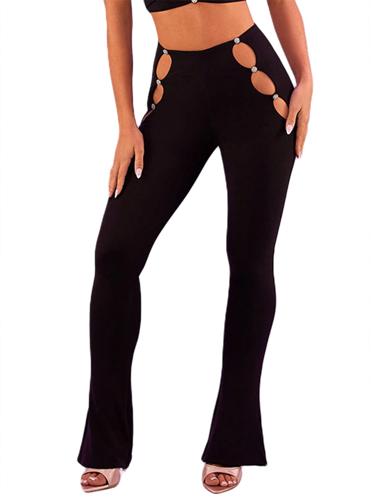 Hilinker Women's High Waisted Flare Long Pants Cut Out Bootcut Flare Yoga Pants Black X-Large
