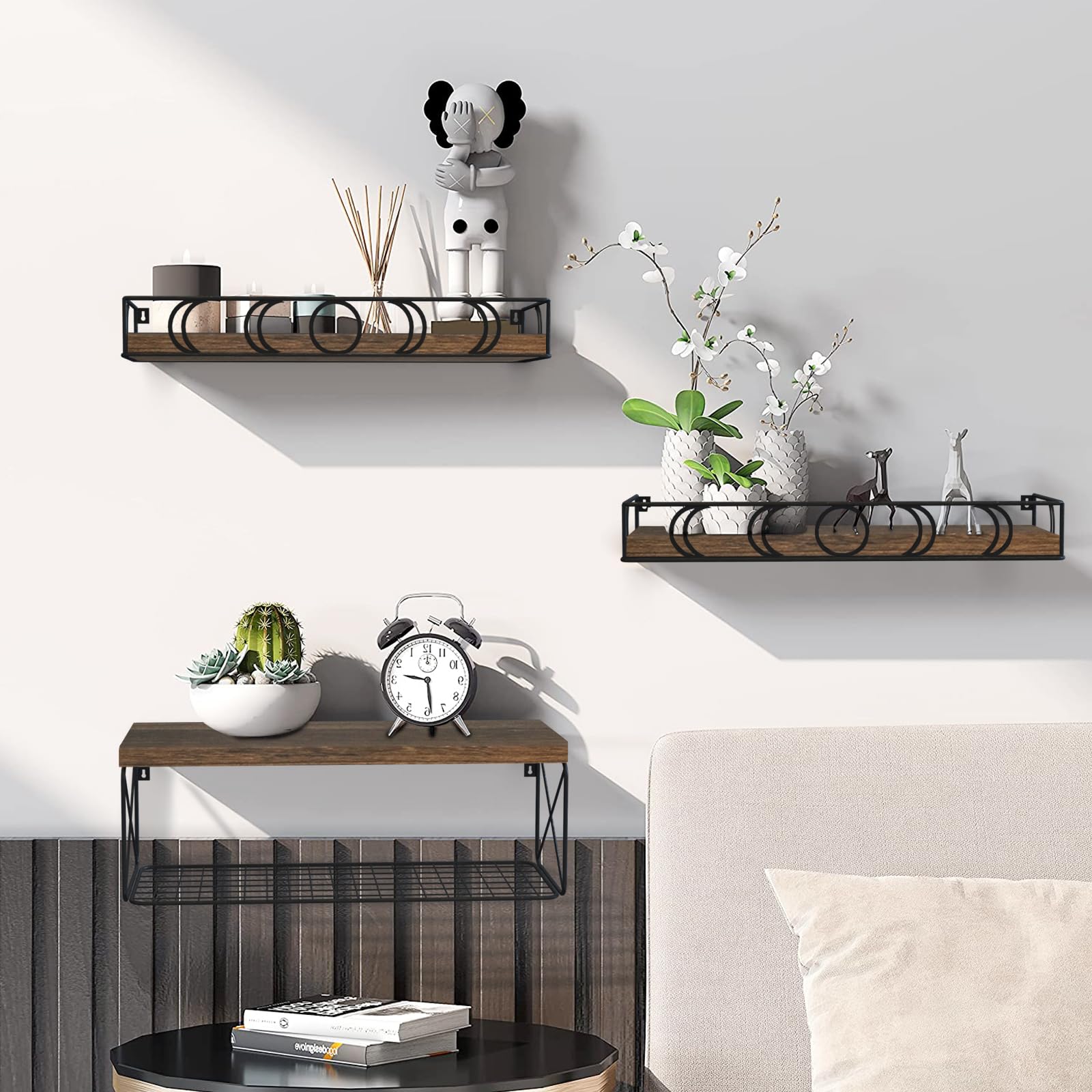 Floating Wall Shelves Set of 3, Rustic Solid Wood Bathroom Shelves for Wall DéCor, Wall Mounted Wooden Shelves Bathroom Wall Organizer Over Toilet Storage, Kitche-Black