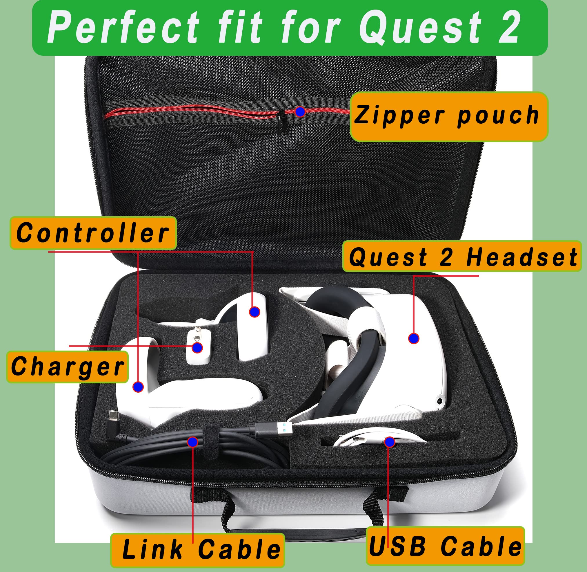 Hard Padded case for Oculus Quest 2 VR Headset,All in one Accessories case for Quest 2 Headset, Controller, Charger and Cable Black