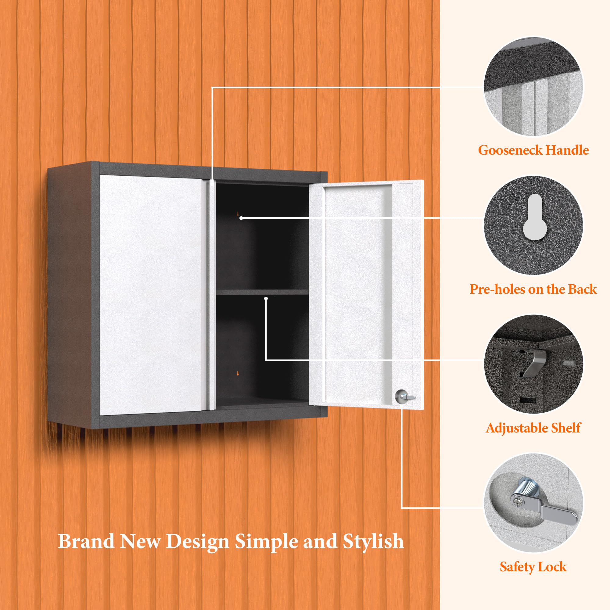 GangMei Metal Wall Storage Cabinet, Lockable Steel Garage Tool Chests with 2 Doors and 1 Adjustable Shelf for Home Office Garage Basement Pantry School and Workshop, Assembly Required