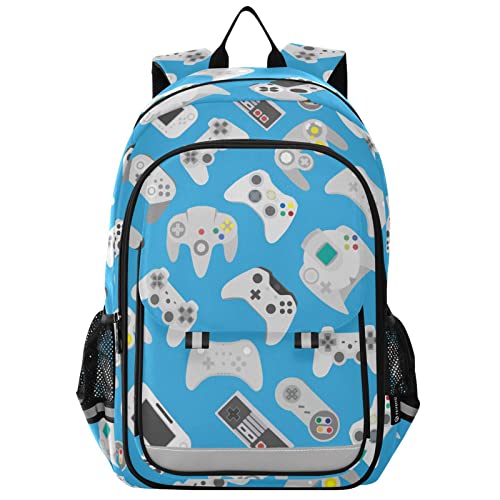 Glaphy Video Game Controller Pattern Blue Backpack School Bag Lightweight Laptop Backpack Student Travel Daypack with Reflective Stripes
