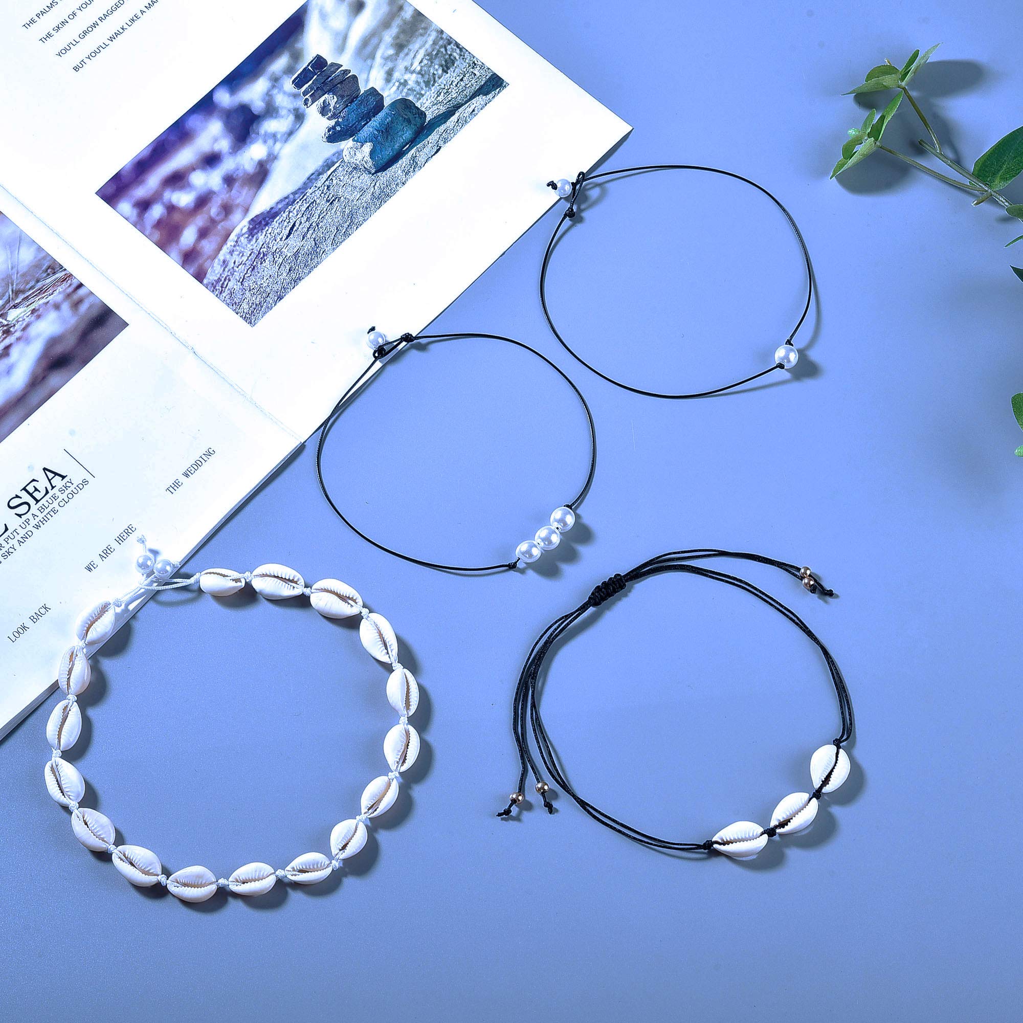 FUNEIA 8PCS Shell Choker Necklaces for Women Puka Shell Necklace Pearl Necklace Bohemian Beaded Necklaces Set Adjustable