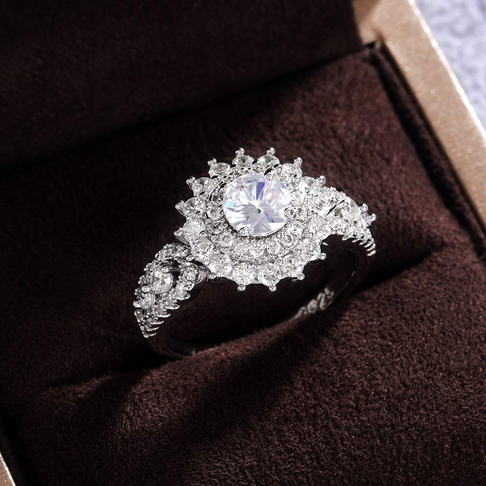 GUIDECUN Fashion Round Cut CZ Cubic Zirconia Pavé Modern Simulated Diamond Halo Ring Shining Wedding Party Statement Ring (US Size 10)