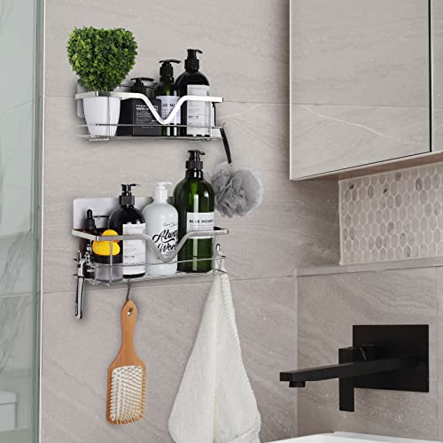 SIXDOVE Shower Caddies 2 PACK - No Drilling Adhesive Shower Organizer with Hooks, Rustproof SUS304 Stainless Steel Bathroom Shower Shelf, Shower Rack Large Shower Holder & Kitchen Storage (Silver)