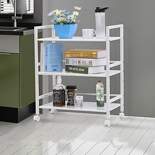 Flymatic 3-Tier Mobile Shelving Unit, Bathroom Rolling Cart Utility Storage Organizer Shelf for Kitchen Living Room Bathroom Laundry Room & Dressers, White