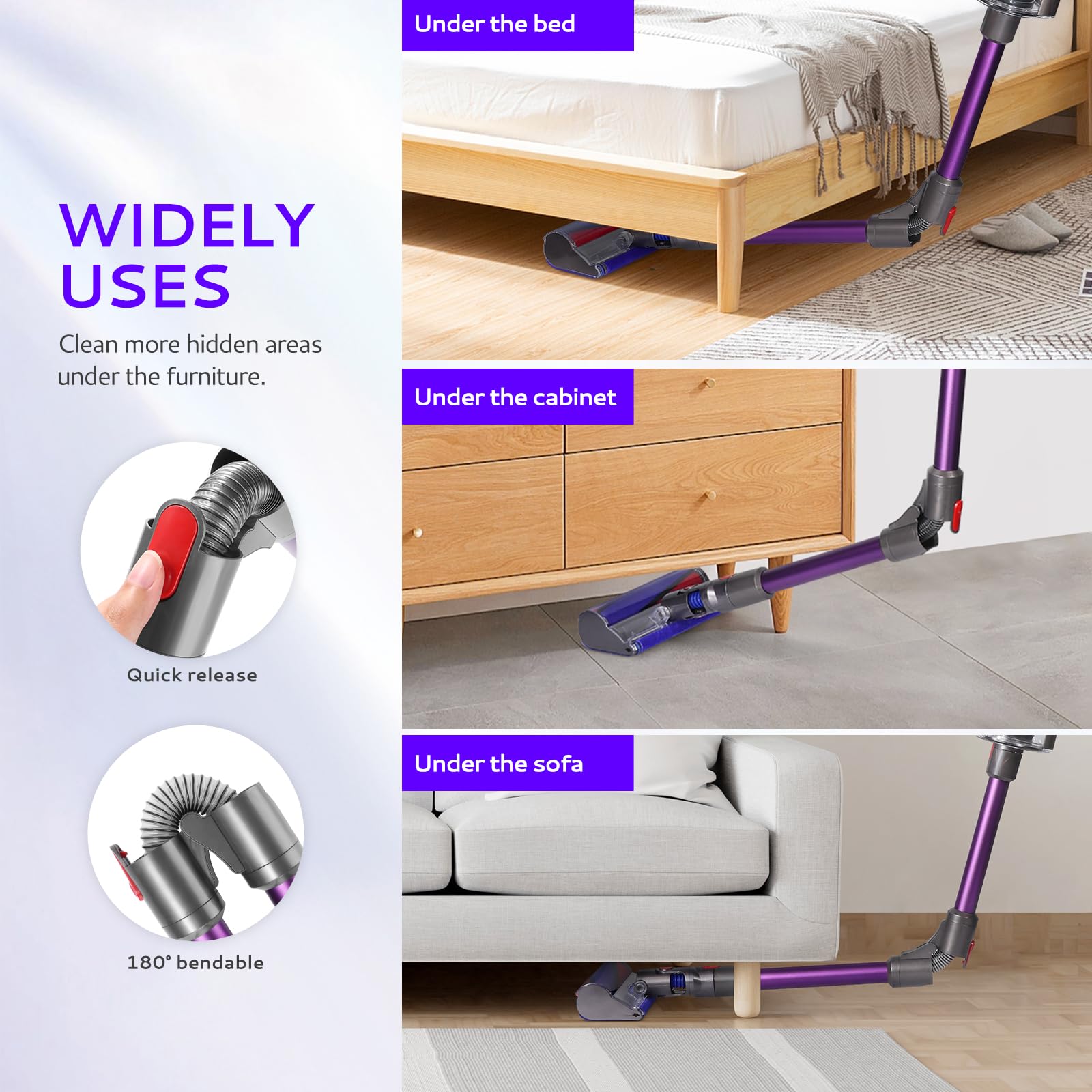 Foldable Extension Wand Compatible with Dyson V7 V8 V10 V11 V15 Cordless Vacuum Accessories, Upgrade Quick Release Wand Replacement for Dyson Stick Vacuum Attachments(Purple)
