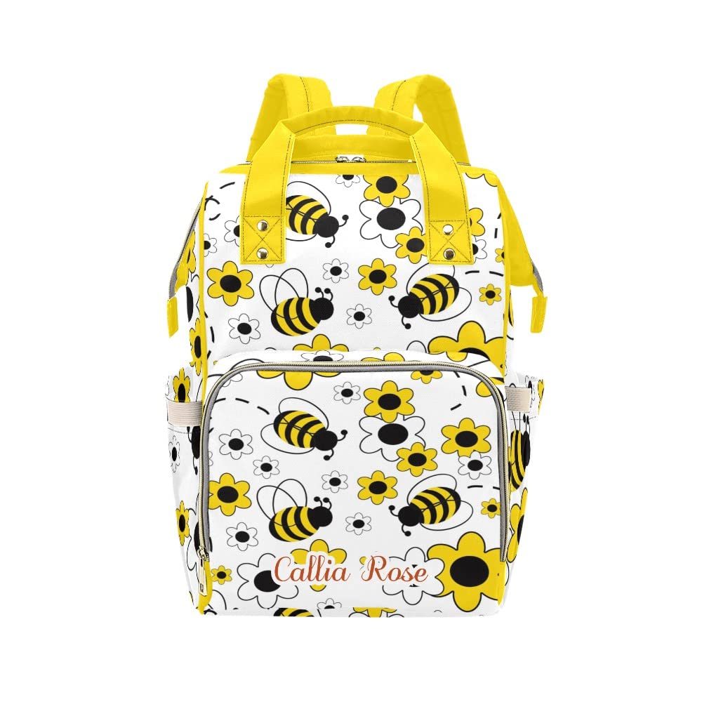 Grandkli Honey Bumble Bee Floral Personalized Diaper Bag Backpack with Name,Custom Tote Bag Travel DayPack for Nappy Mommy Baby Boy Girl, One Size