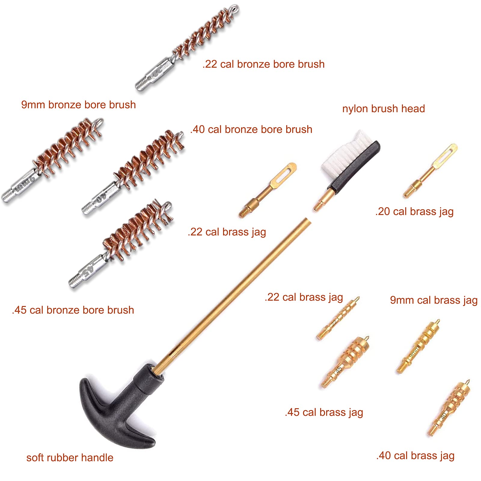 Gun Cleaning Kit 19 in 1 with Special 9mm Handgun Snake .22 .38 9mm .40 .45 Caliber Pistol Bronze Bore Brush and Brass Jag Adapter,100Pcs 3" Cotton Swabs Empty Bottle by DINGDOON