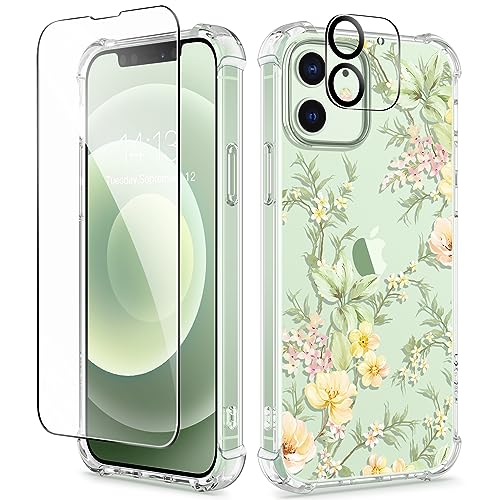 GVIEWIN for iPhone 12 Case and iPhone 12 Pro Case with Screen Protector + Camera Lens Protector, Clear Floral Flexible TPU Shockproof Women Girls Flower Phone Case 6.1"(Peach Blossom/Yellow)