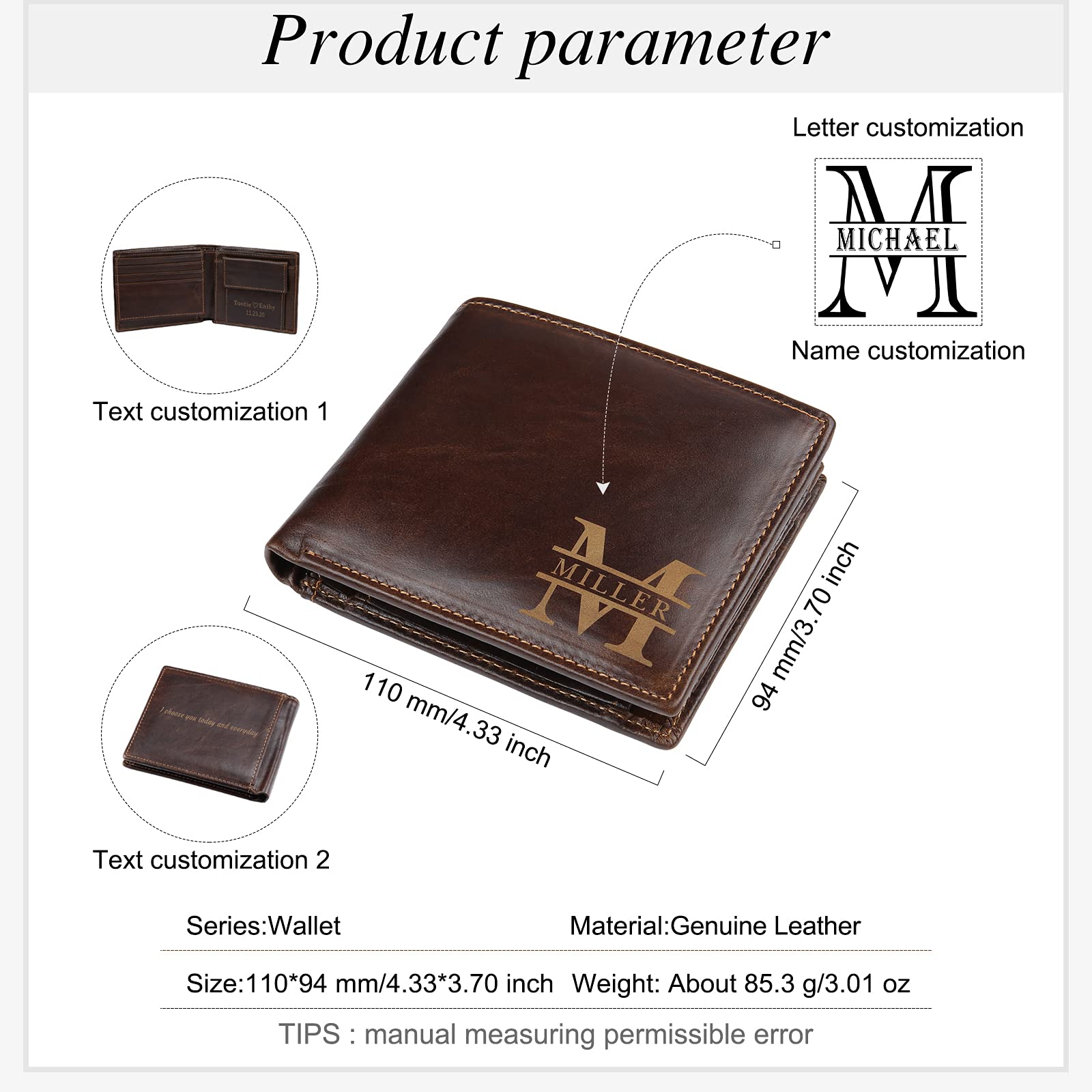 Glooraca Custom Engraved Wallet for Men Personalized Leather Wallet Personalized Birthday Christmas Father's Day Gifts for Men Husband Boyfriends (Red Brown)