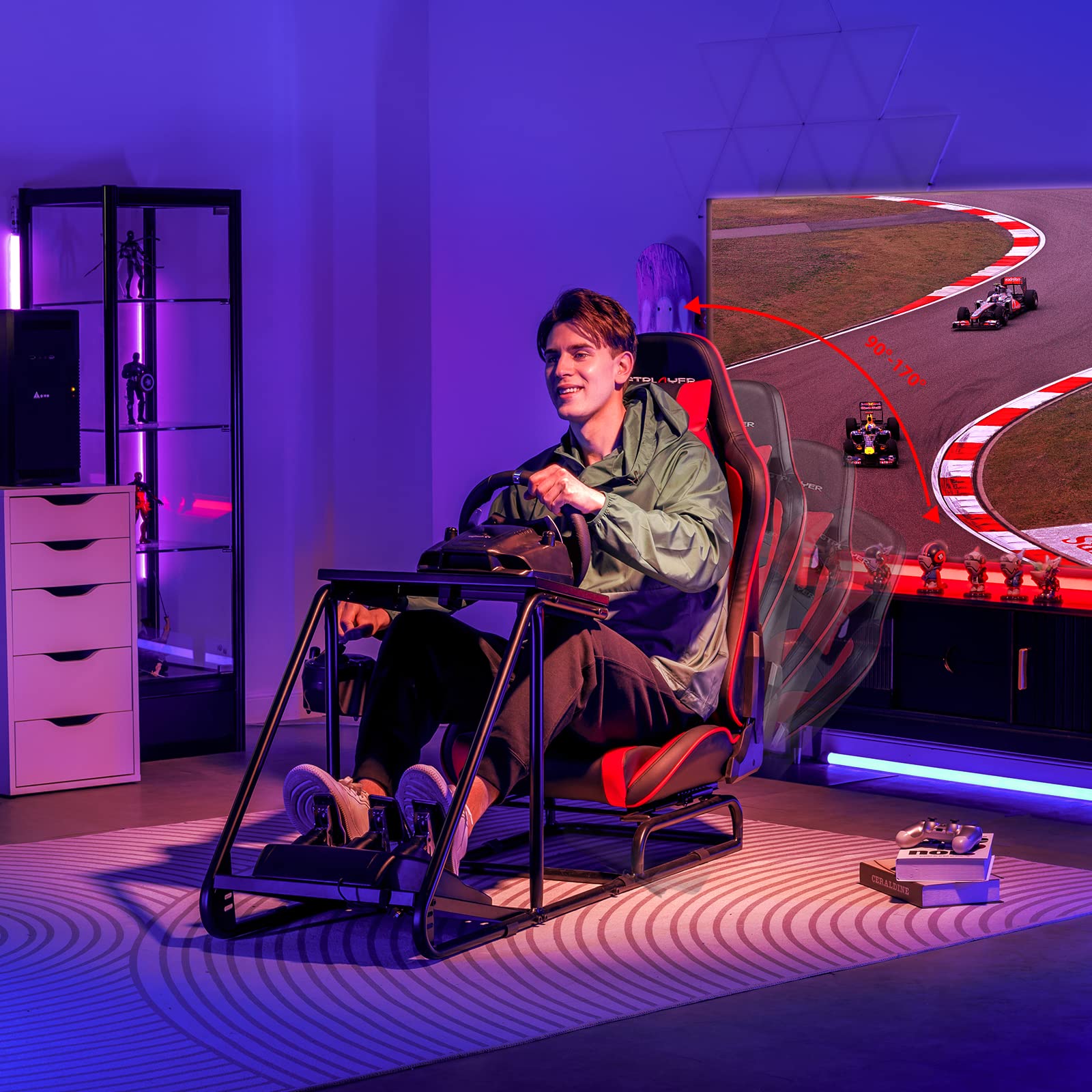 GTPLAYER Racing Simulator Cockpit with Gaming Chair and Bluetooth Speakers, Racing Style Reclining Seat and Sleigh Shape Alloy Steel Frame (Deepred)