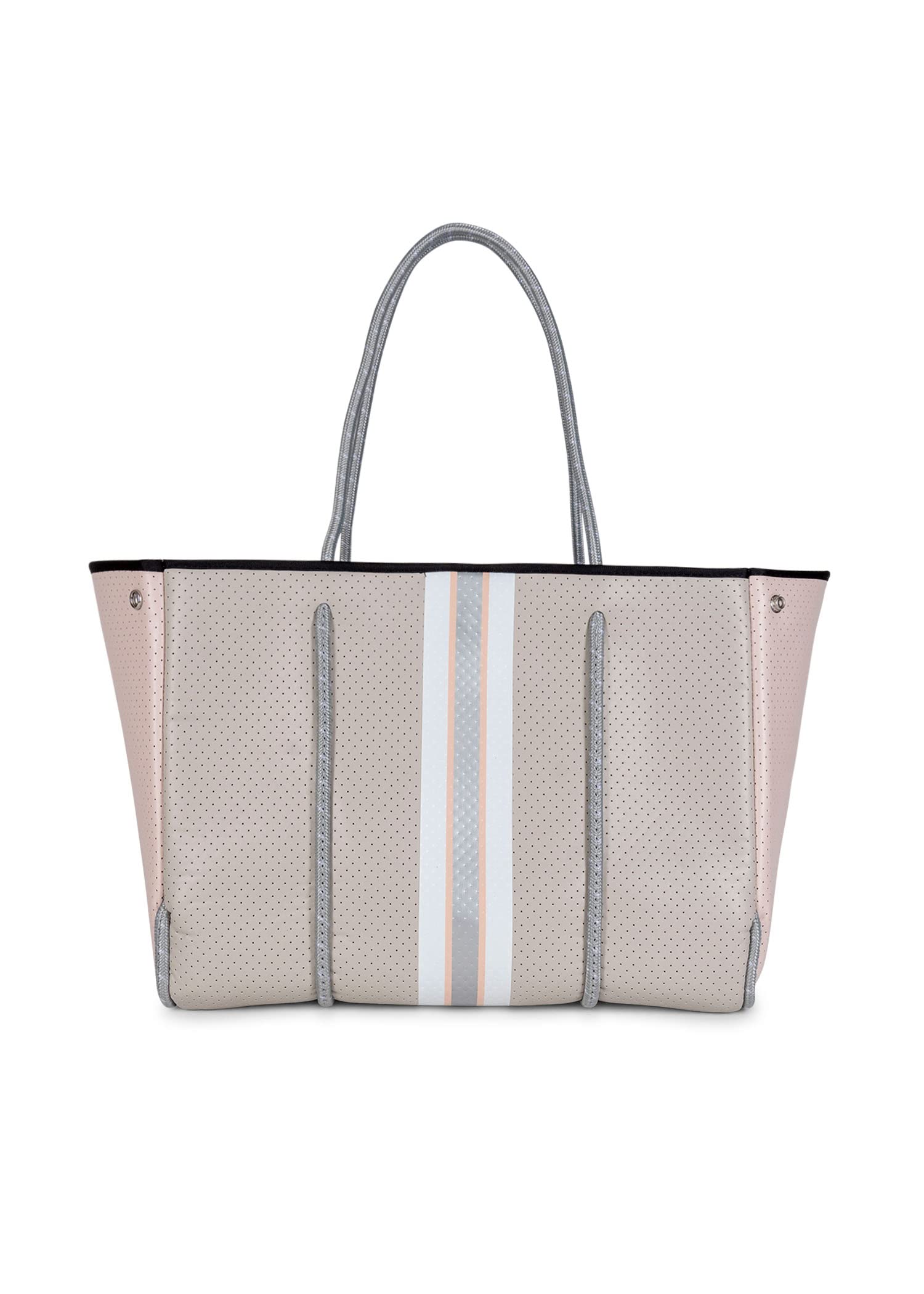 Haute Shore - Greyson Shell Neoprene Tote Bag w/Zipper Wristlet Inside,Greige Coated W/White Greige & Peach Stripe