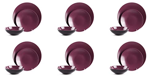 HomeVss Stoneware Two-Tone Colors Life 18pc Dinner Set,Outside Shiny Black + Inside Matte Glaze Plum