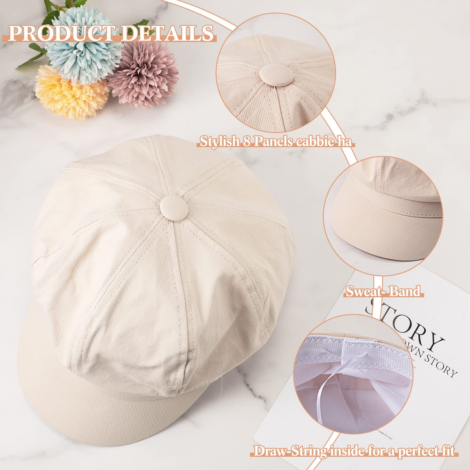 Geyoga 3 Pcs Summer Women Newsboy Cap Adjustable Visor Beret Hats Soft 8 Panels Vintage Cabbie Hat Octagonal Cap for Women(White, Red, Black)