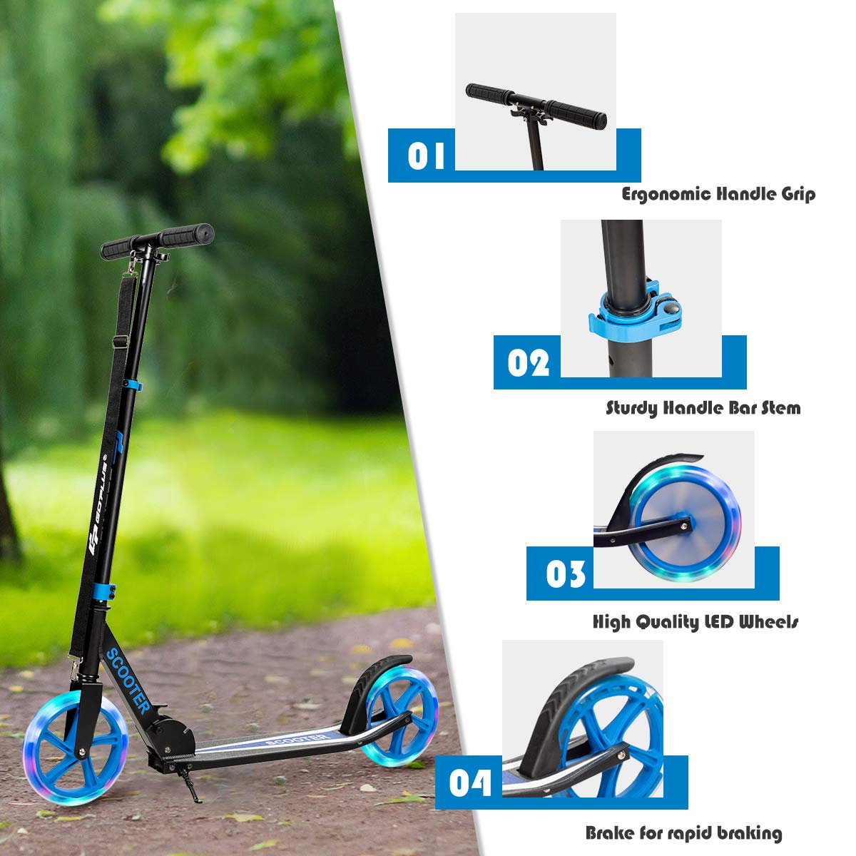 Goplus Folding Kick Scooter for Kids and Teens, 2 Flash Wheels Scooter with 3-Level Adjustable Handlebar, Rear Foot Brake, Aluminum Deck, Sports Scooter for Ages 7+ (Pink)