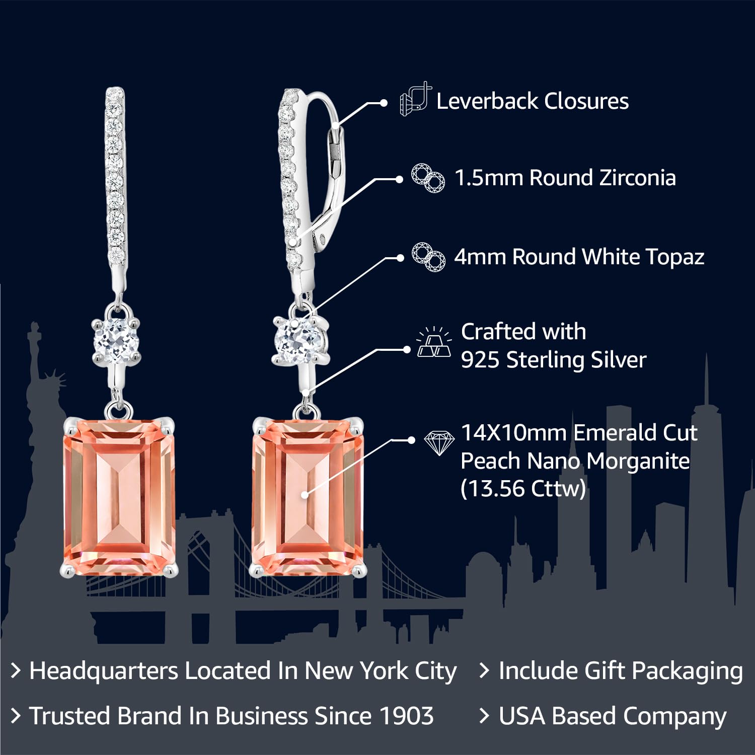 Gem Stone King 925 Sterling Silver Peach Nano Morganite and White Topaz Dangle Earrings For Women (13.56 Cttw, Emerald Cut 14X10MM)