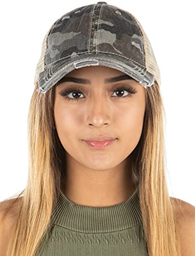 Funky Junque Distressed Trucker Hat - Black Camo/Beige Mesh