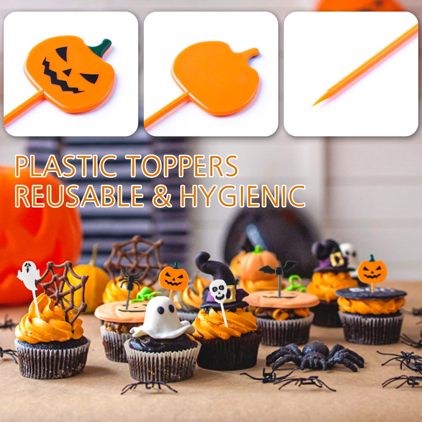 GlyinnHe 50PCS Halloween Picks Cupcake Toppers Plastic Halloween Toothpicks Halloween Cupcake Food Cocktail Appetizer Picks for Halloween Baby Shower Birthday Wedding Party Supply