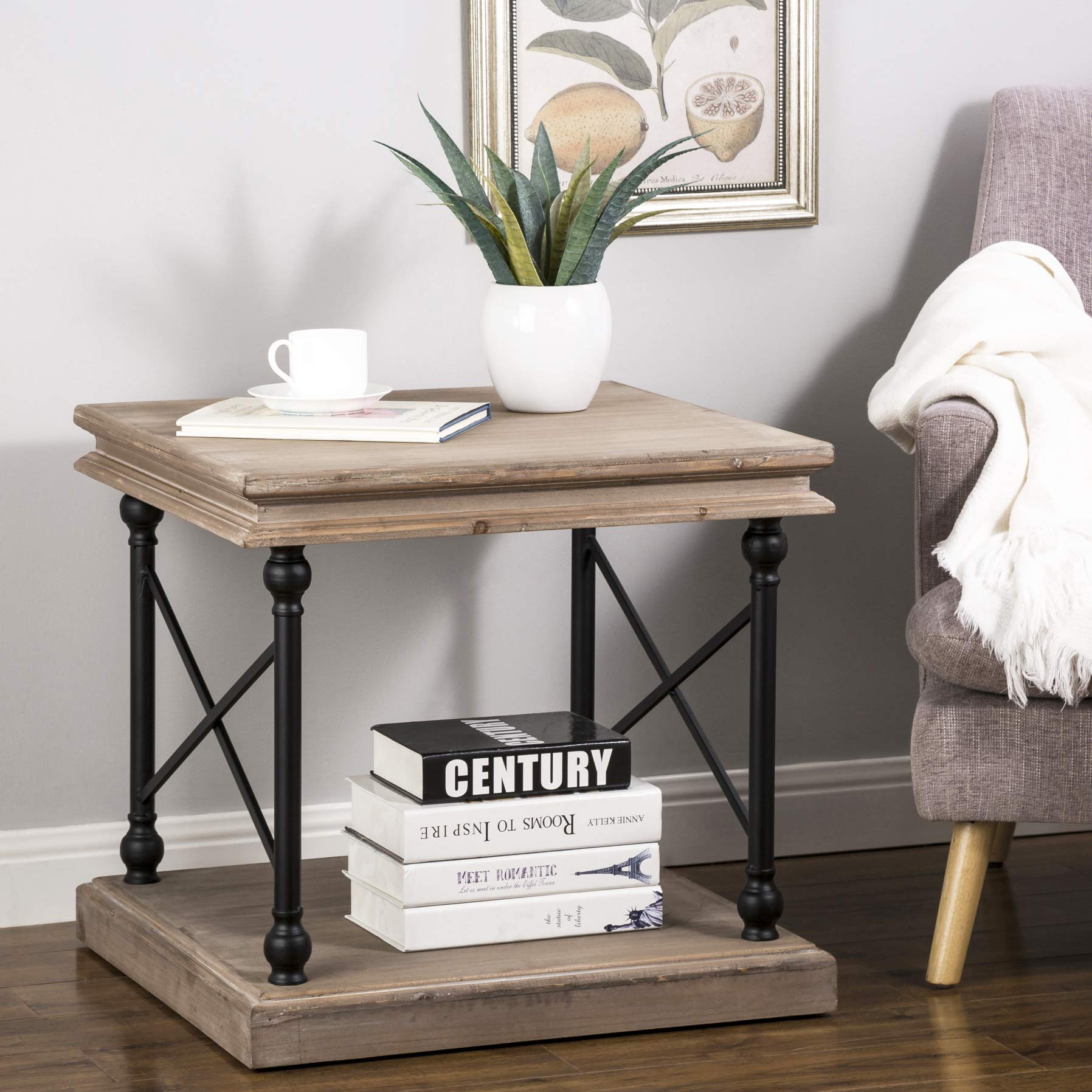 glitzhome Rustic End Table Wood Square Side Table with Storage Farmhouse Sofa Table Distressed Side Table with Wood Shelf Rack Wooden Accent Table with Metal Frame, 21.85”H
