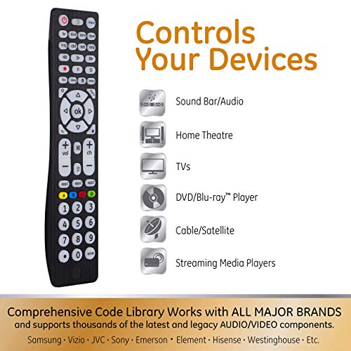 GE Backlit Buttons Universal Remote Control, Samsung TV Remote Control Replacement, Samsung Remote Control for Smart TV, Roku Remote Replacement, Vizio, LG TV, Sony, Apple TV, 8-Device, Black, 37123