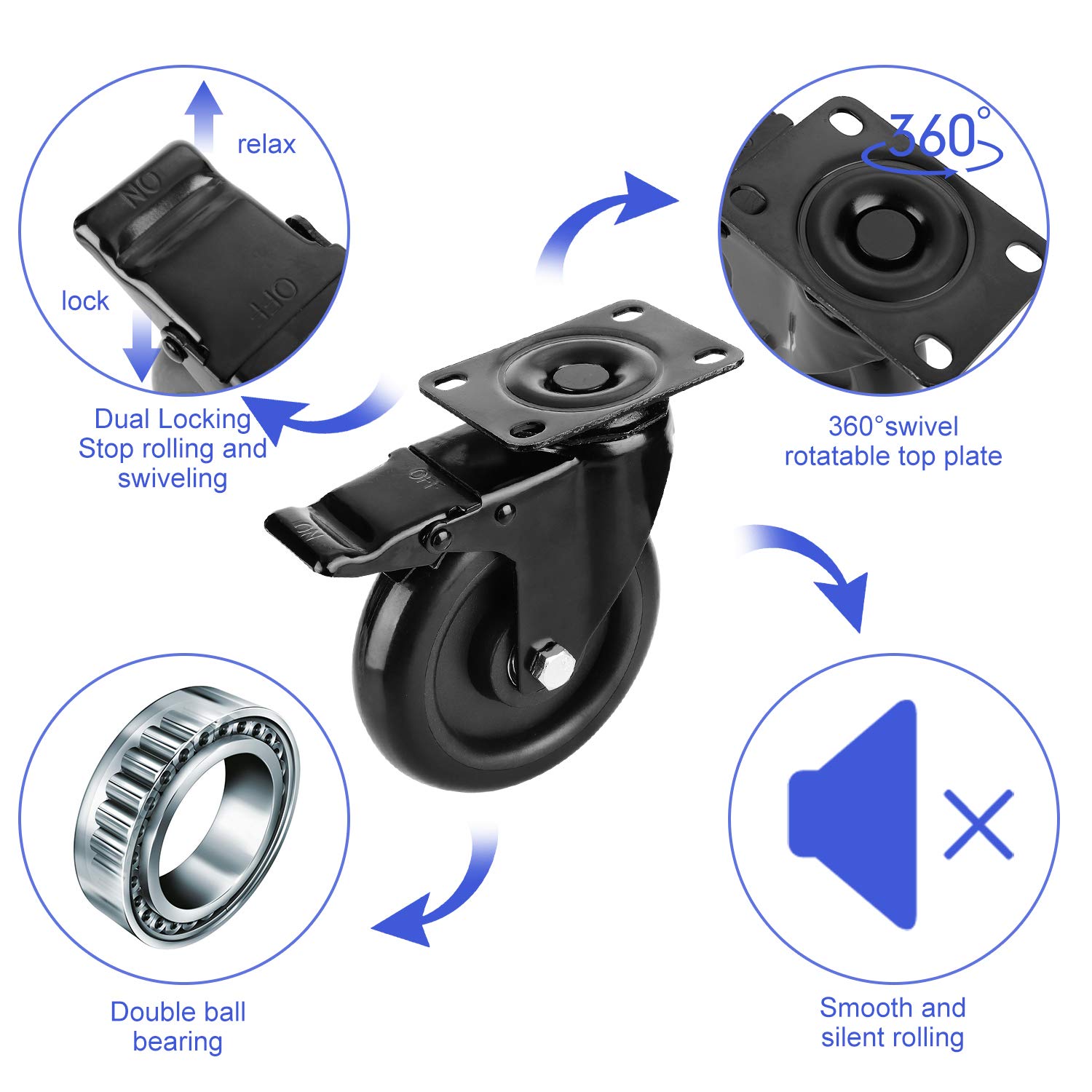 GloEra 5 inch Swivel Caster Wheels Heavy Duty 1800LBS Capacity with Safety Dual Caster, 4 Pack All with Brake No Noise Lockable Wheels (Black)