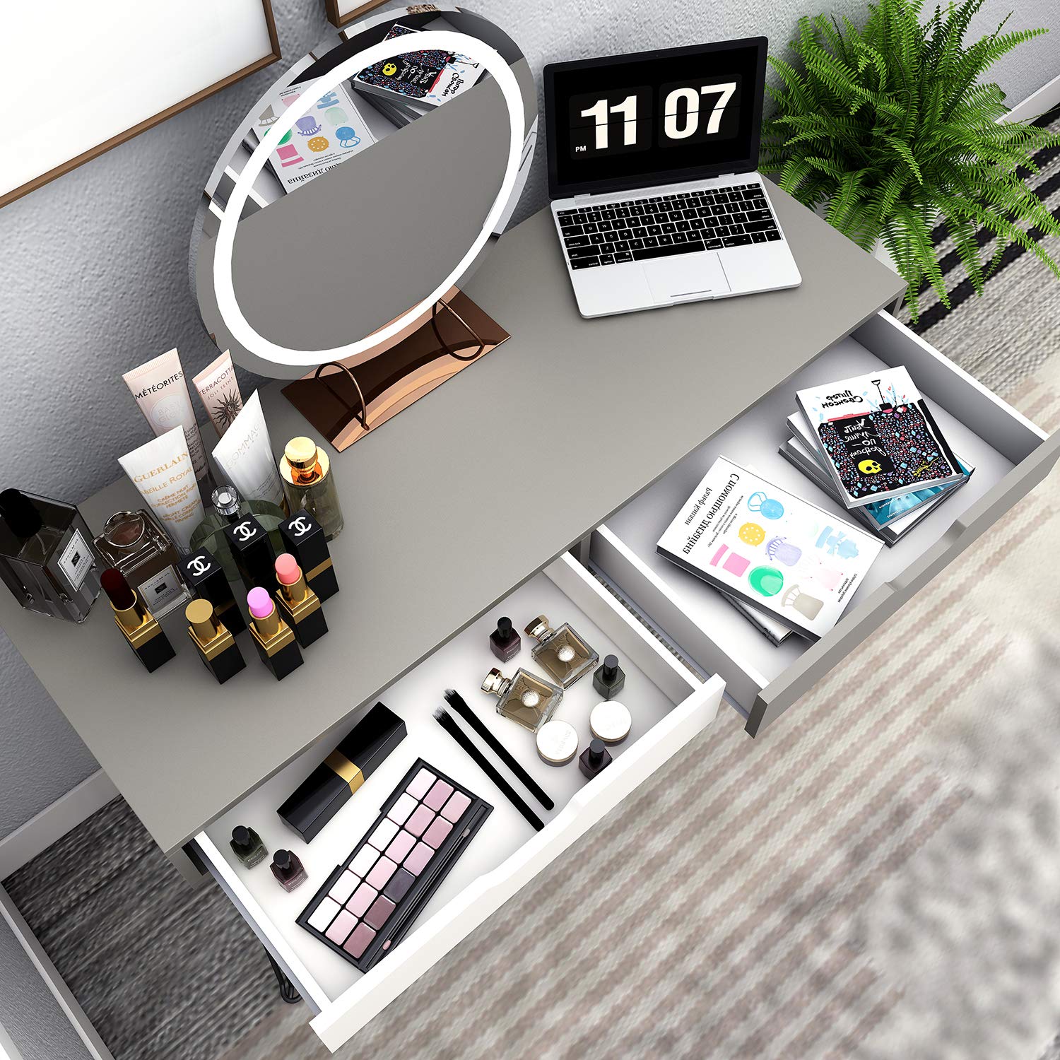 GHQME Multifunctional Computer Desk 43" with 2 Drawers Home Office Desk Writing Study Desk Vanity Table Vanities - Gray